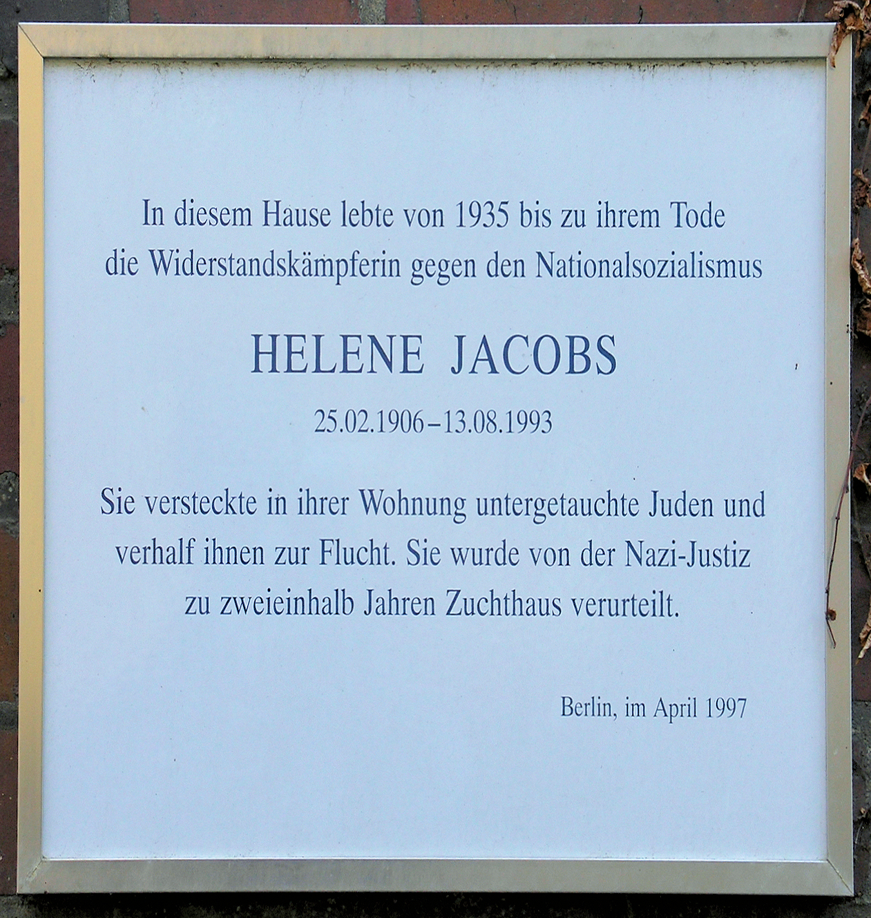 Gedenktafeln für Helene Jacobs in Yad Vashem und Berlin – Martin ...